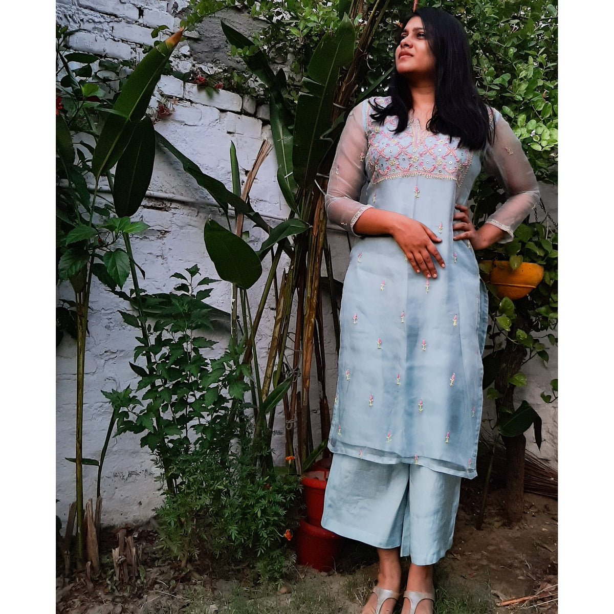 Powder Blue Pink Hues Organza Kurta Set – Indi Tribe